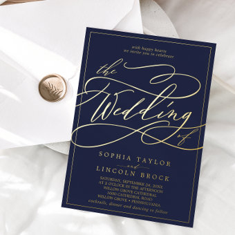 Romantic Gold Foil | Navy Blue Frame Wedding Foil Invitation | Zazzle