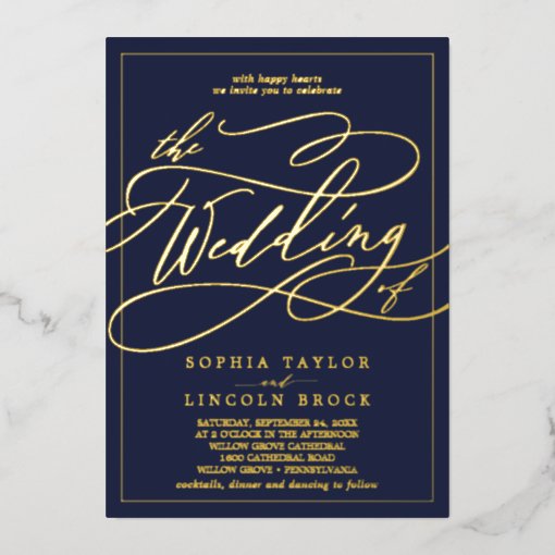 Romantic Gold Foil | Navy Blue Frame Wedding Foil Invitation | Zazzle