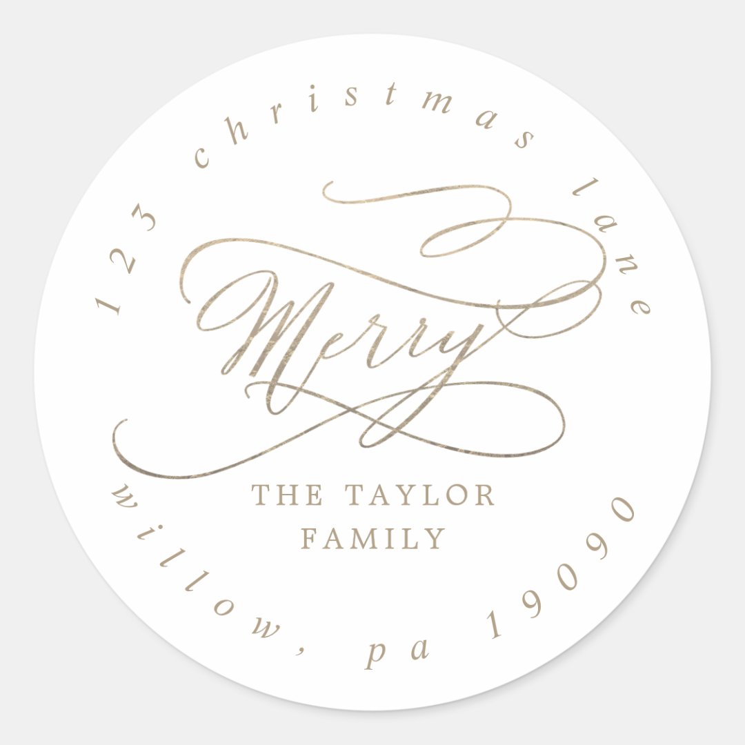Romantic Gold Merry Circular Return Address Classic Round Sticker | Zazzle