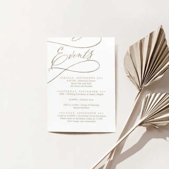 Romantic Gold Wedding Weekend Schedule of Events Enclosure Card | Zazzle