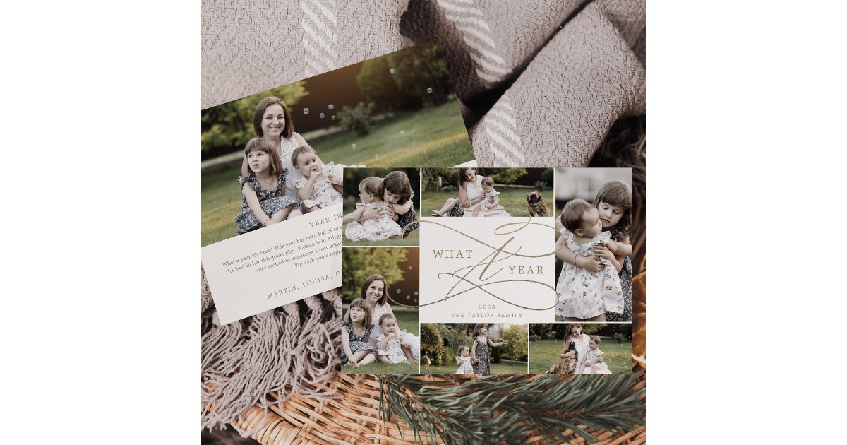 Romantic Gold What A Year 7 Photo Family News Holiday Card | Zazzle