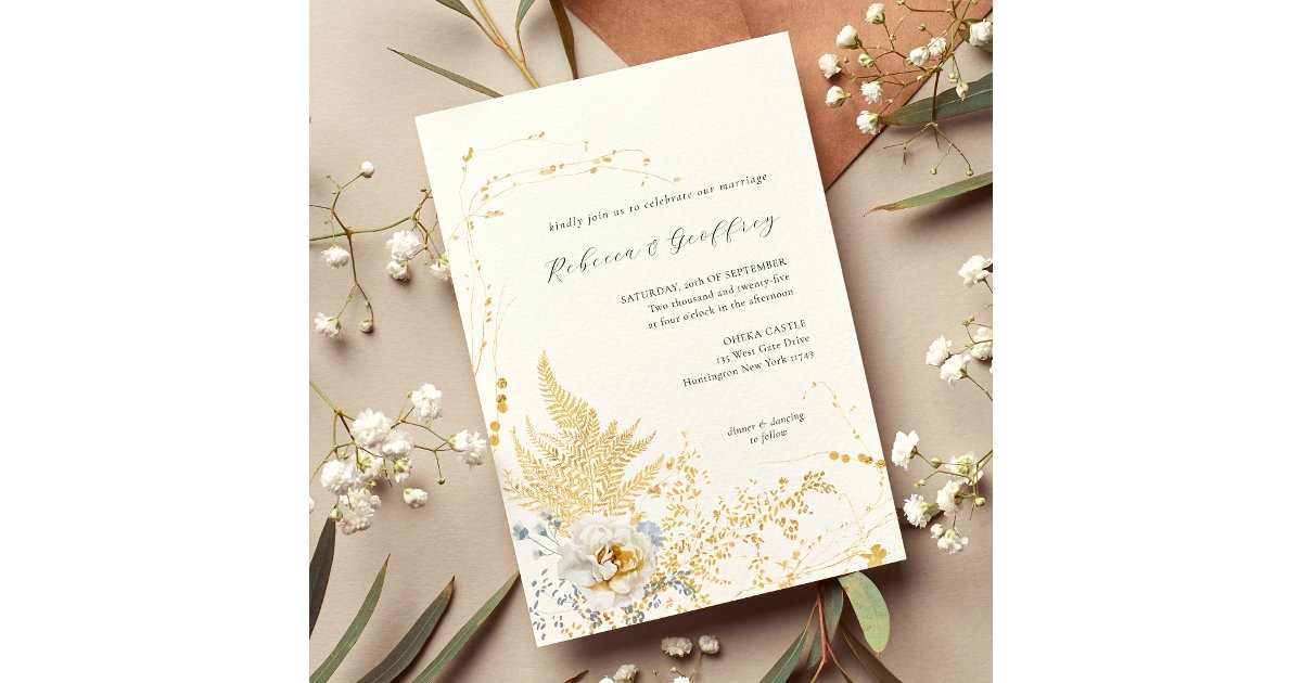 Romantic Golden Floral Calligraphy Wedding Invitation | Zazzle