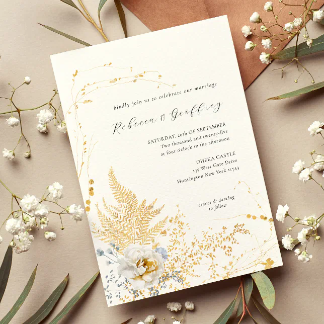 Romantic Golden Floral Calligraphy Wedding Invitation | Zazzle
