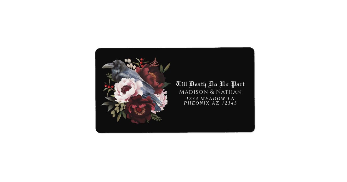 Romantic Gothic Watercolor Raven Floral Wedding Label | Zazzle