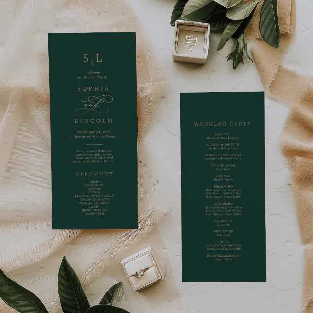 Romantic Green Calligraphy Monogram Wedding Program | Zazzle