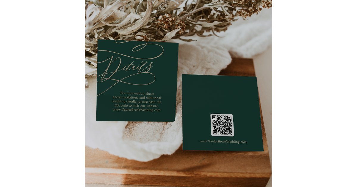 Romantic Green Calligraphy QR Code Wedding Details Enclosure Card | Zazzle