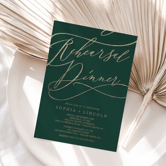 Romantic Green Calligraphy Rehearsal Dinner Invitation | Zazzle