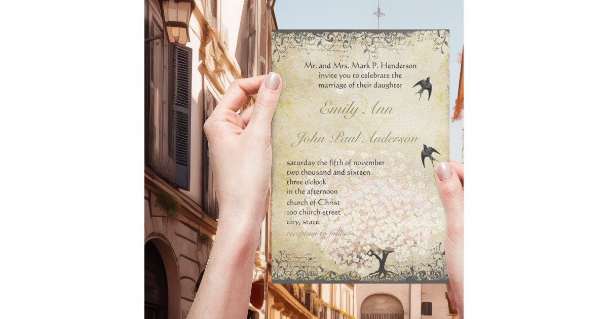 Romantic Heart Leaf Pink Tree Love Bird Wedding Invitation | Zazzle
