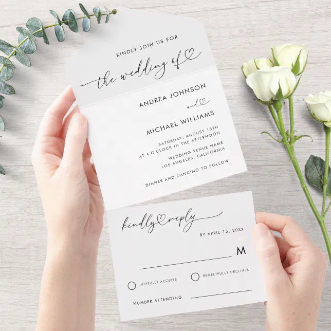 Romantic Heart Script Minimalist White Wedding All In One Invitation ...