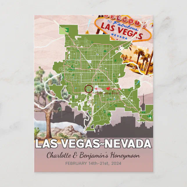 Romantic Honeymoon Vacation Las Vegas Nevada Map Postcard | Zazzle