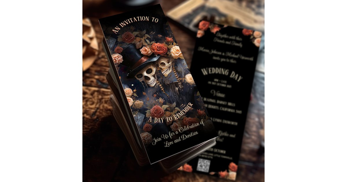 Romantic Kissing Skeletons QR Code Gothic Wedding Invitation | Zazzle