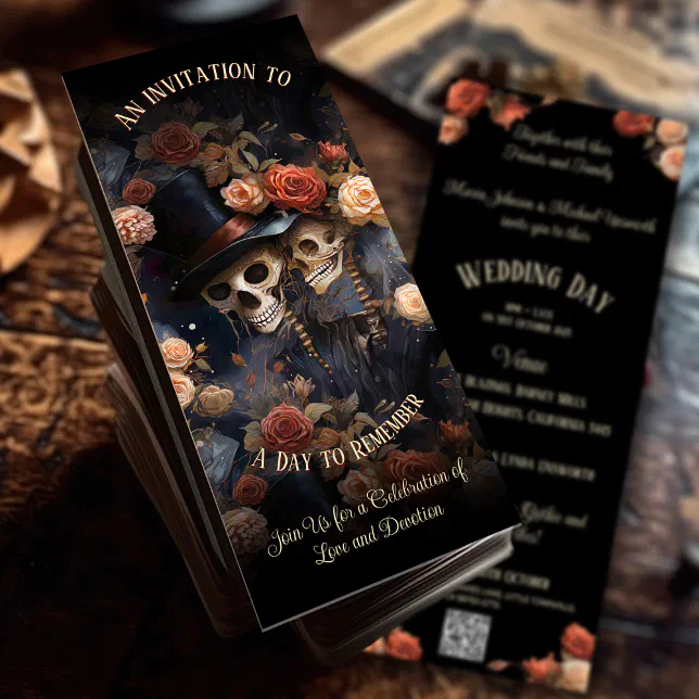 Romantic Kissing Skeletons QR Code Gothic Wedding Invitation | Zazzle