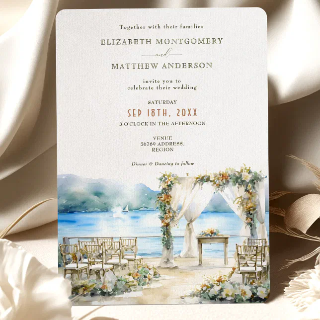 Romantic Lakefront Wedding Ceremony Watercolor Invitation | Zazzle