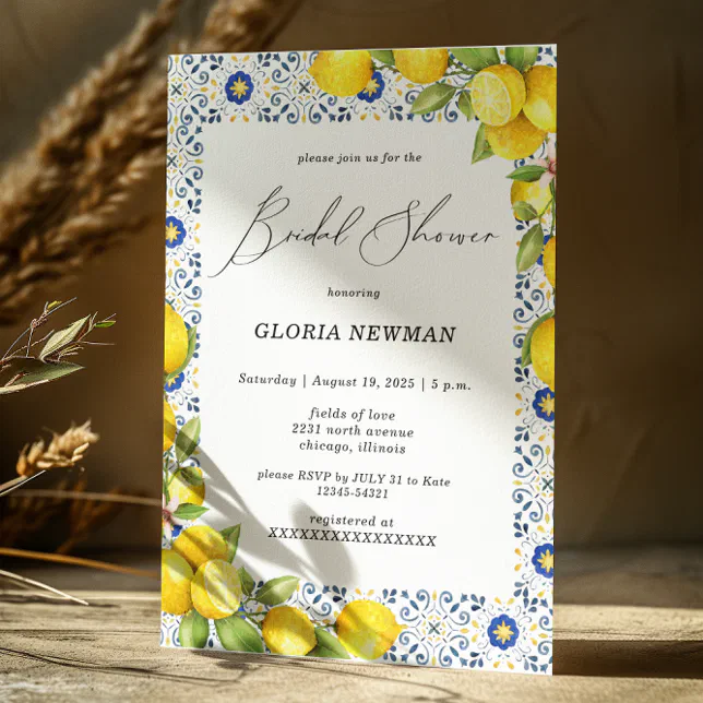 Romantic Lemons and blue Tiles Bridal Shower Invitation | Zazzle