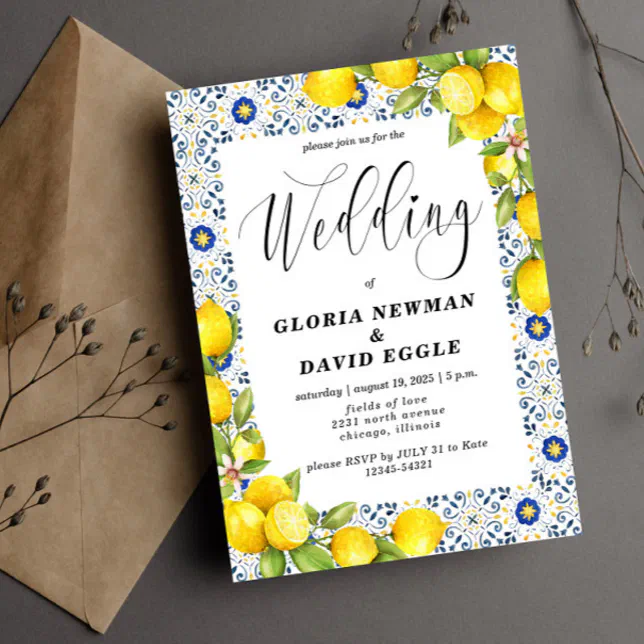 Romantic Lemons and blue Tiles Wedding Invitation | Zazzle