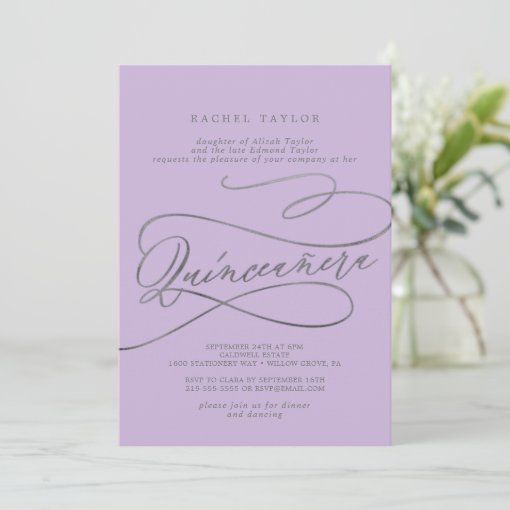 Romantic Lilac Calligraphy Quinceañera Invitation | Zazzle