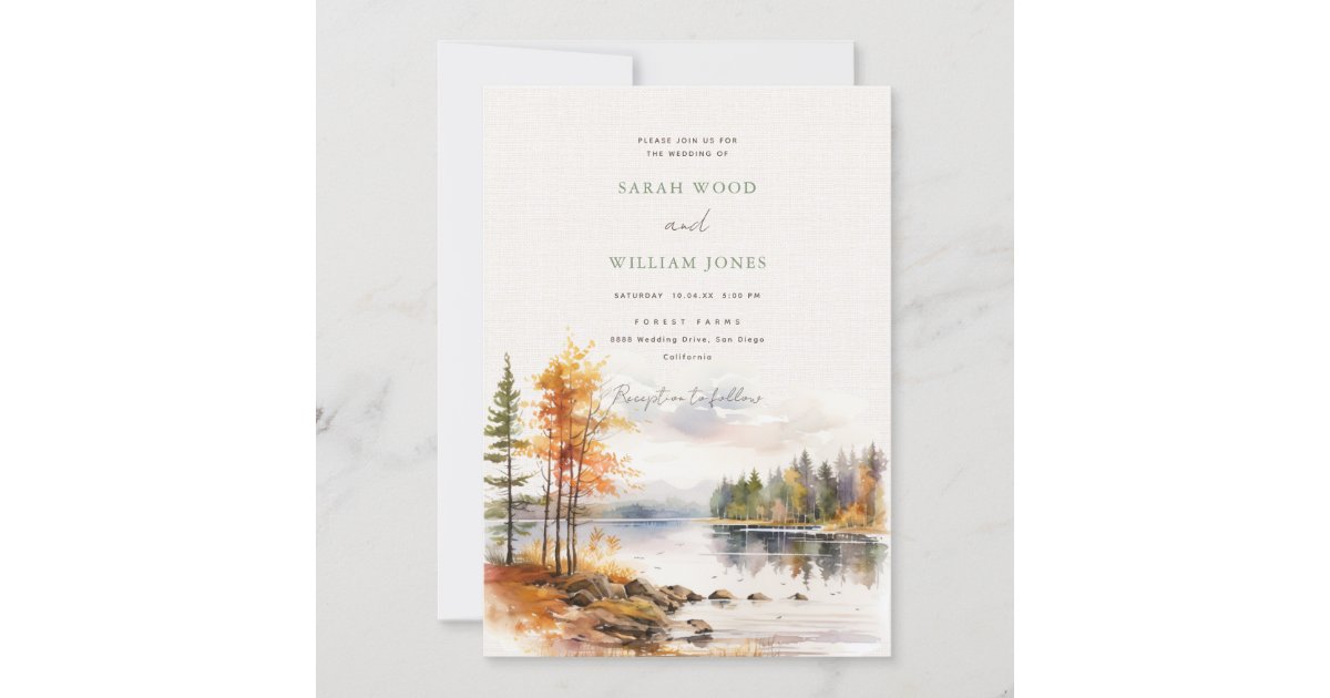Romantic linen fall lake Wedding Invitation | Zazzle
