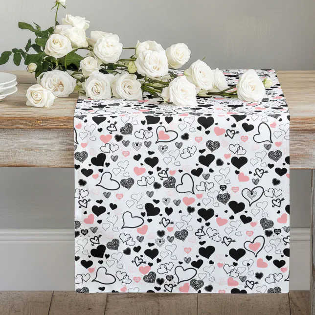 Romantic Love Gift Table Runner Pink Black Hearts | Zazzle