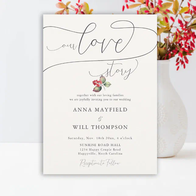 Romantic Love Story Winter Berries Elegant Wedding Invitation | Zazzle