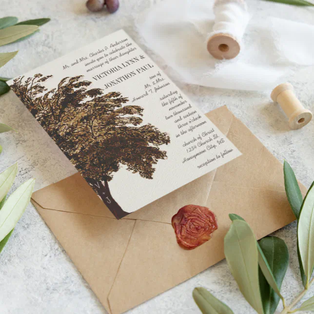 Romantic Love Tree Initials in Trunk Wedding Invitation | Zazzle