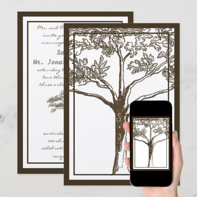 Romantic Love Tree Initials in Trunk Wedding Invitation | Zazzle