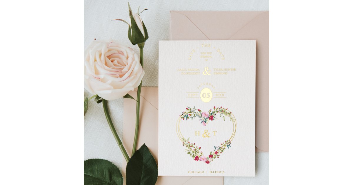 Romantic Luxury Floral Pink Red Shades Heart Foil Invitation | Zazzle