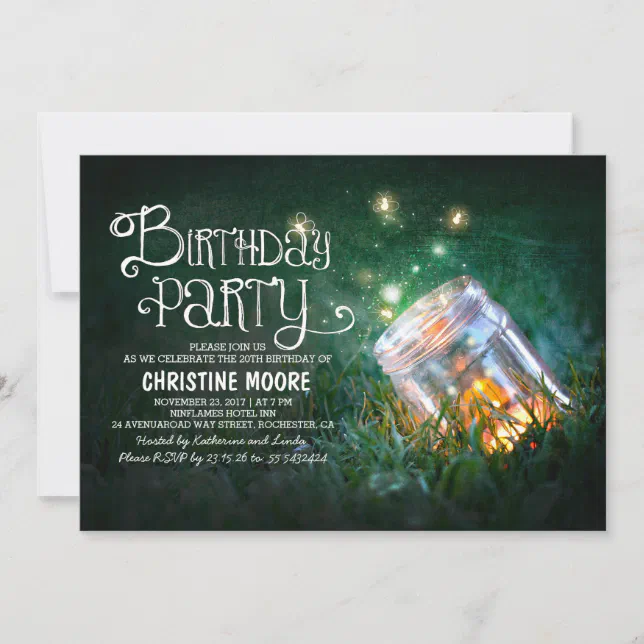 Romantic mason jar fireflies birthday party invite | Zazzle