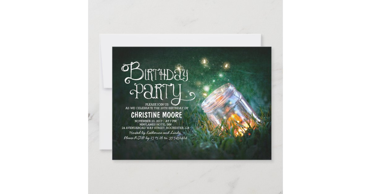 Romantic mason jar fireflies birthday party invite | Zazzle