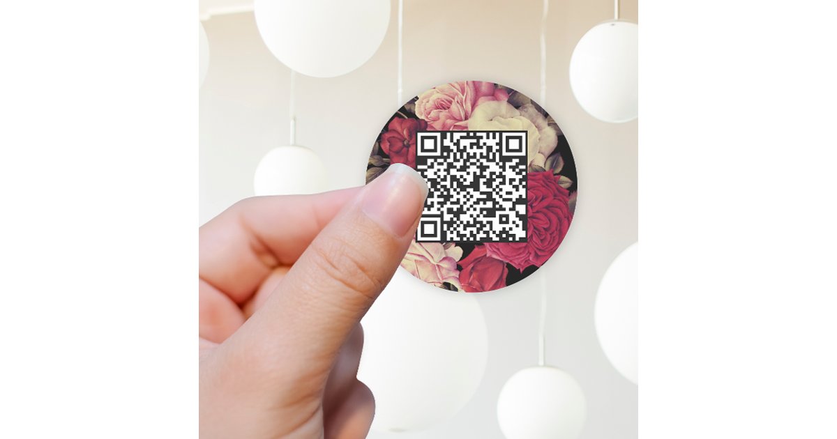 Romantic Moody Floral QR Code Black Classic Round Sticker | Zazzle