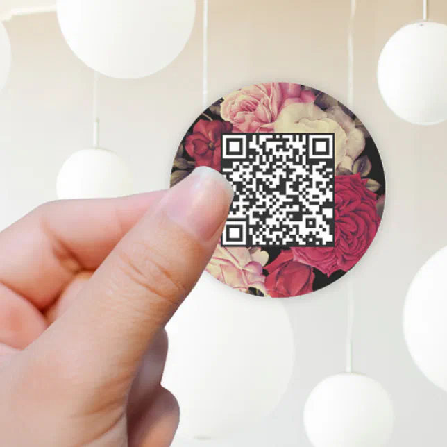 Romantic Moody Floral QR Code Black Classic Round Sticker | Zazzle