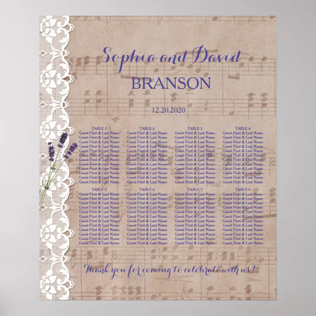 Romantic Music Lavender Wedding Seating Chart | Zazzle