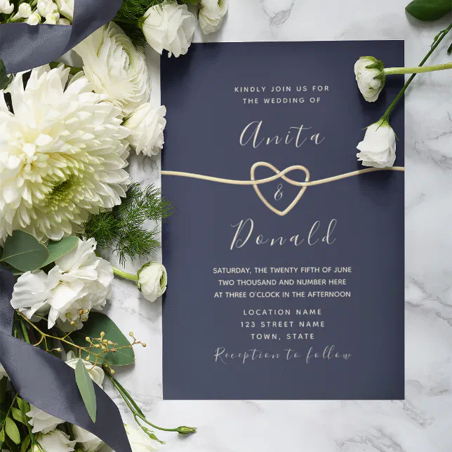 Romantic Navy and Gold Rope Heart Wedding Invitation | Zazzle