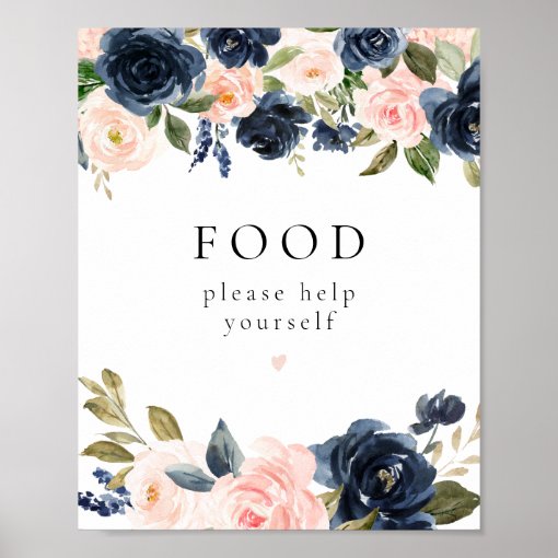 Romantic Navy Blue & Blush Floral Food Table Sign | Zazzle