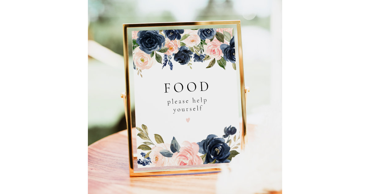 Romantic Navy Blue & Blush Floral Food Table Sign | Zazzle