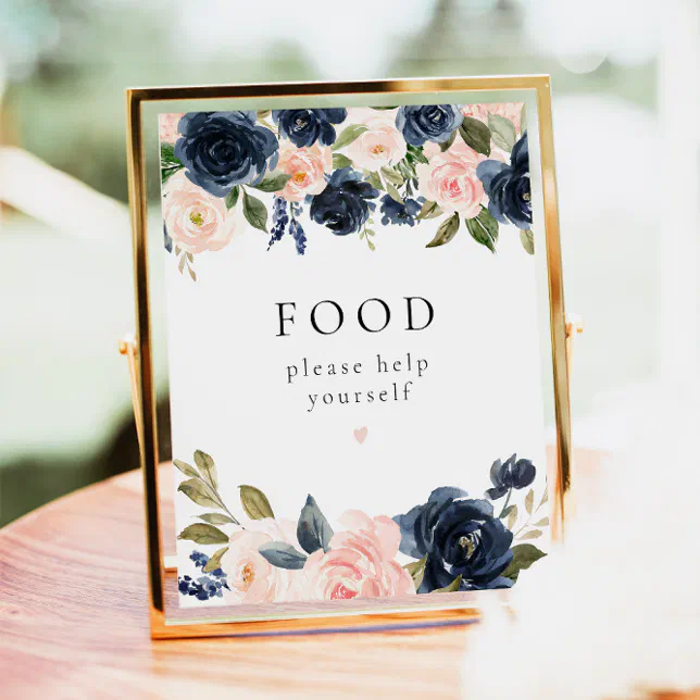 Romantic Navy Blue & Blush Floral Food Table Sign | Zazzle