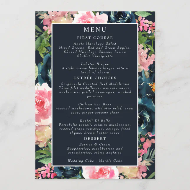 Romantic Navy Blue Blush Pink Floral Menu | Zazzle