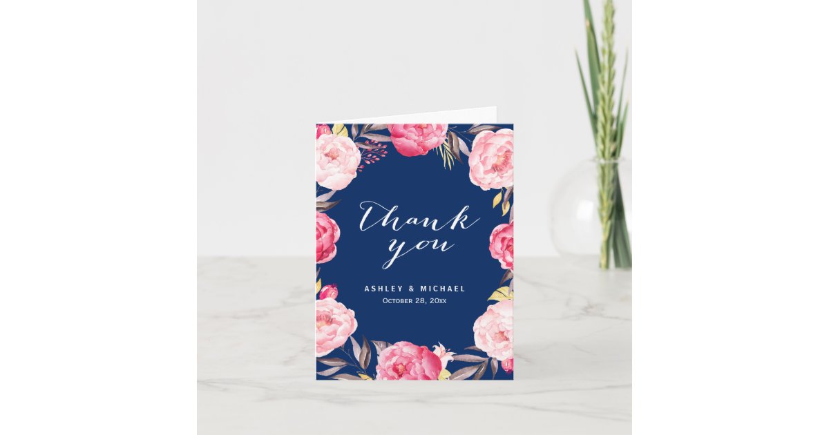 Romantic Navy Blue Pink Rose Flowers Thank You | Zazzle