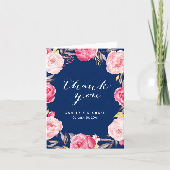 Romantic Navy Blue Pink Rose Flowers Thank You | Zazzle