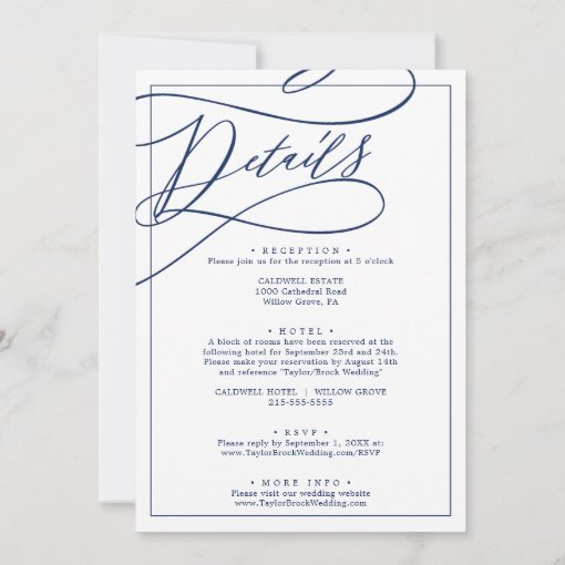 Romantic Navy Calligraphy Frame All In One Wedding Invitation | Zazzle