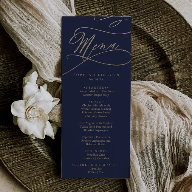 Romantic Navy Calligraphy Wedding Dinner Menu | Zazzle