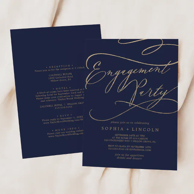 Romantic Navy Front and Back Engagement Party Invitation | Zazzle