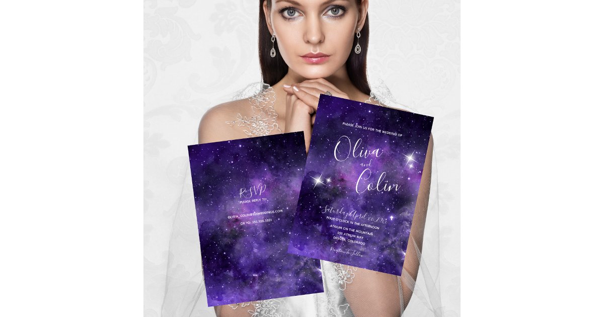 Romantic Night Sky Starlight Purple with RSVP Invitation | Zazzle