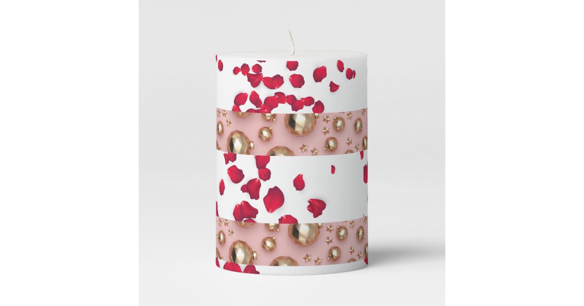 ROMANTIC OBSESSION GOLD BLUSH RED ROSE PETAL'S PILLAR CANDLE | Zazzle