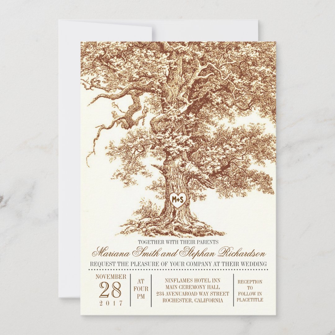 Romantic old oak tree rustic wedding invitation | Zazzle