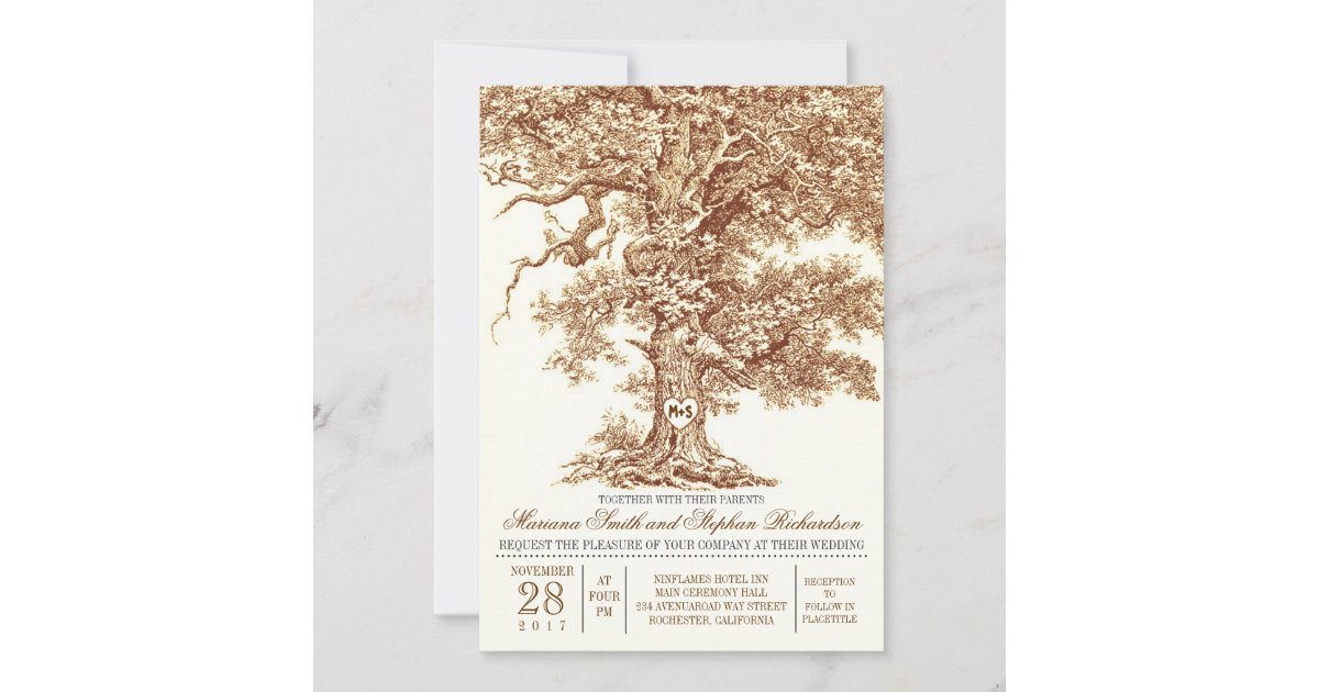 Romantic old oak tree rustic wedding invitation | Zazzle