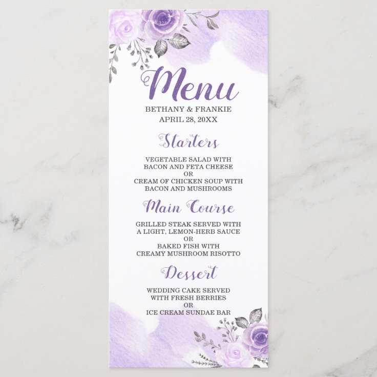 Romantic Pastel Purple Floral Chic Wedding Menu | Zazzle