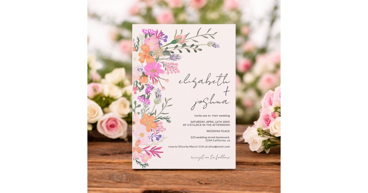 Romantic pastel wild flowers spring wedding invitation | Zazzle