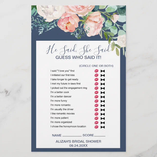 Romantic Peonies | Blue He Said She Said Game Flyer | Zazzle
