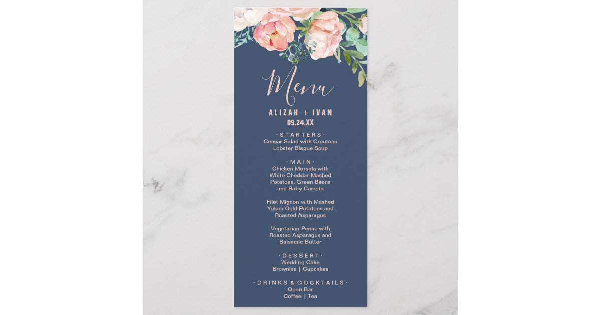 Romantic Peony Flowers | Blue Dinner Menu Card | Zazzle