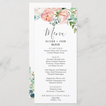 Romantic Peony Flowers Dinner Menu Card | Zazzle